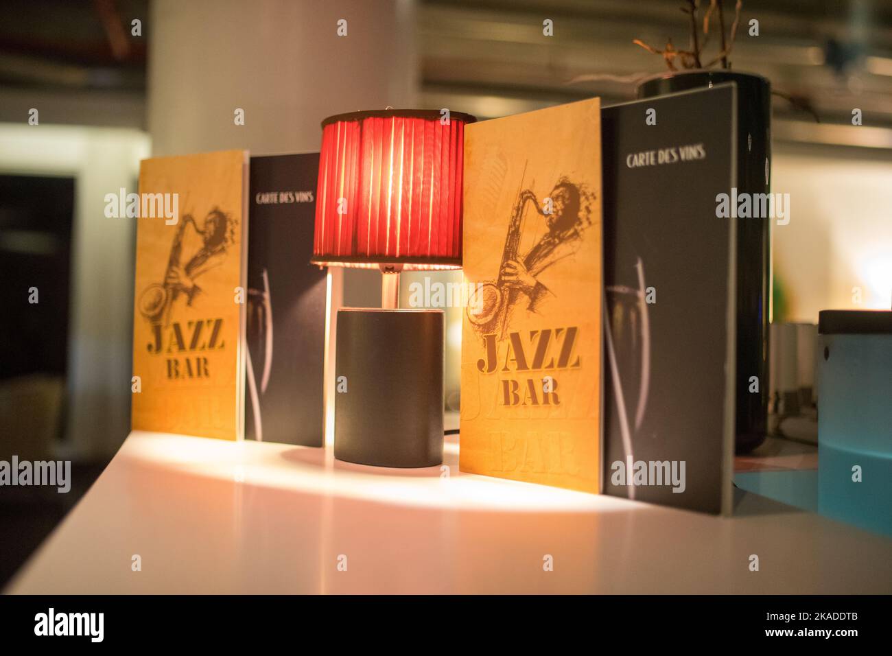 A Jazz bar banner on the table in a restaurant Stock Photo - Alamy