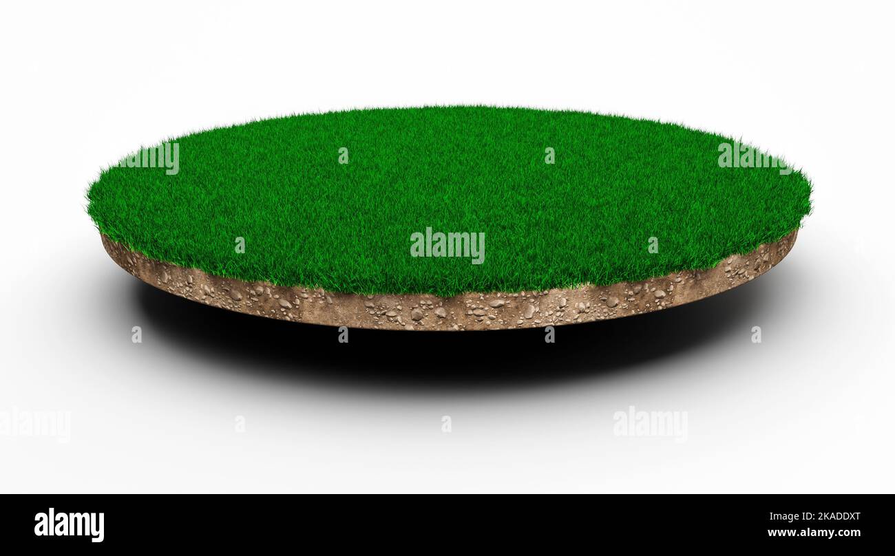 A circle green grass shape with a solid roky base isolated on a white ...