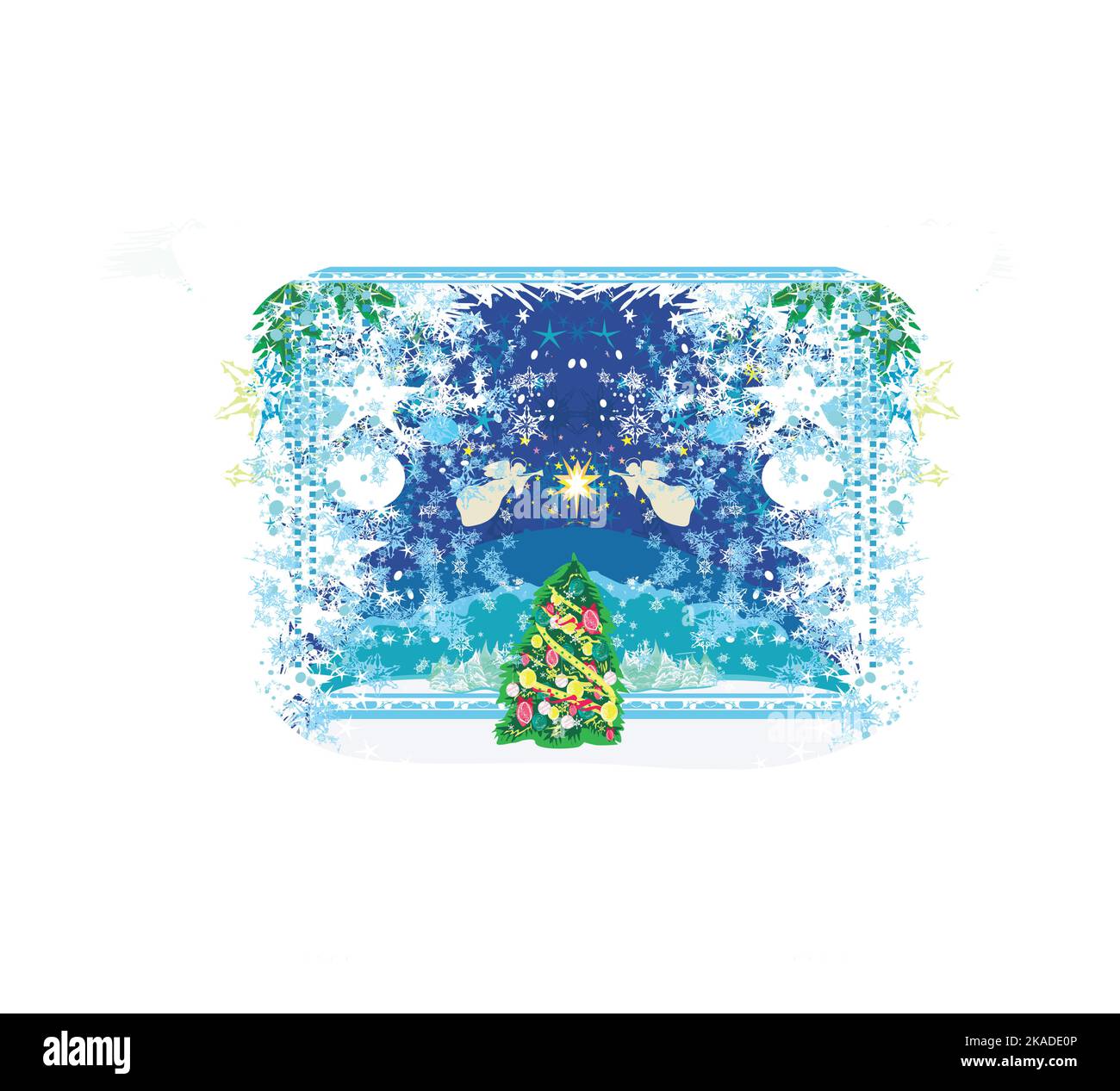 Abstract holiday card with angels and a decorated Christmas tree Stock ...