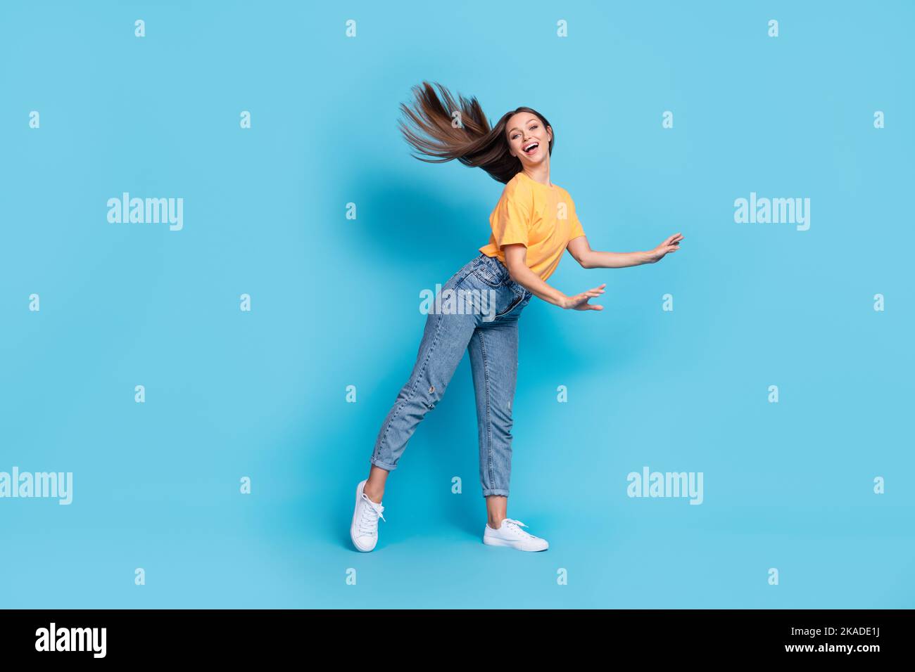 Full length photo of cute adorable lady wear yellow t-shirt dancing ...
