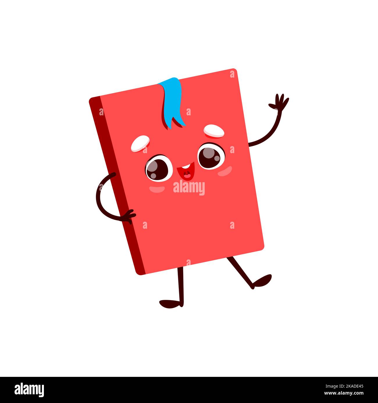 Cute red cartoon book character with bookmark waving hand. Vector ...