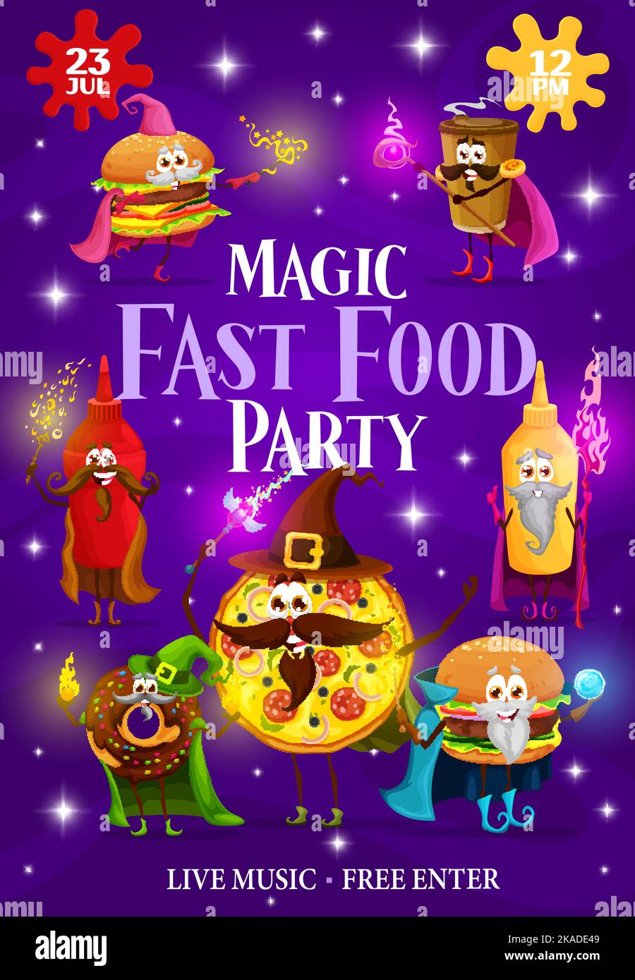 Halloween magic party flyer, fast food cartoon wizard and mage ...