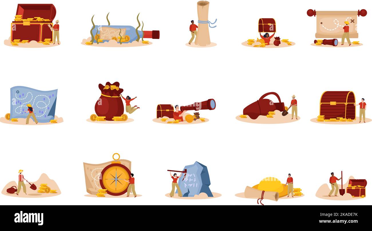 Flat treasure hunt set with ancient chest with gold scroll map bottle ...