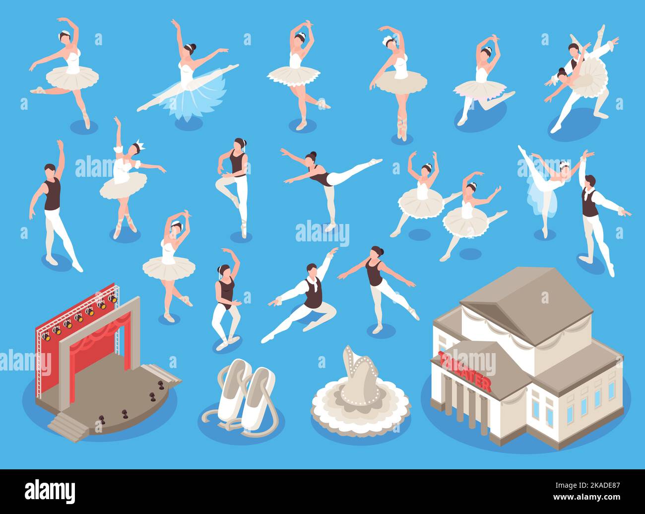 Isometric ballet icons set with theatre building and dancing costumes isolated vector ...