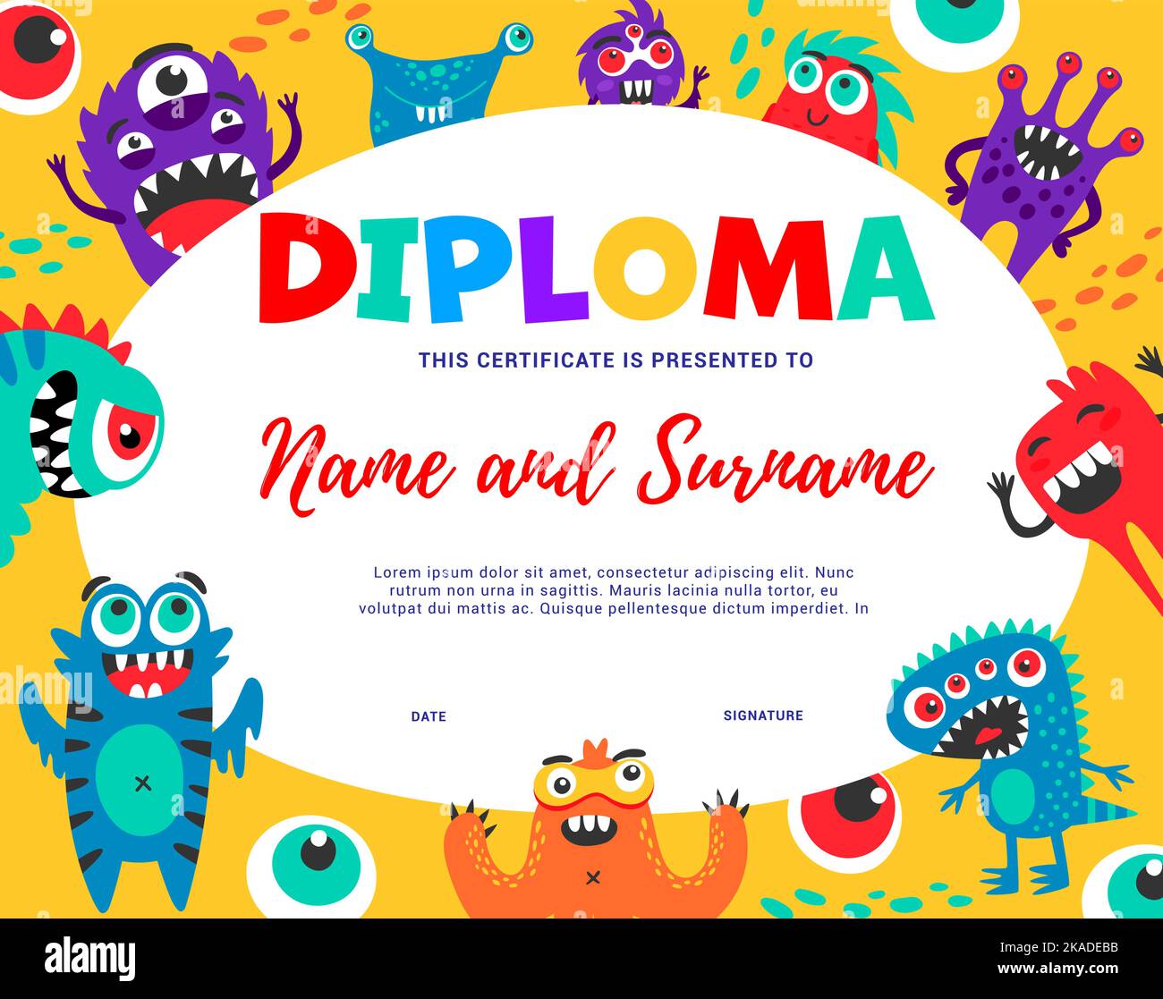 Kids diploma, funny monster characters. Education award frame template ...