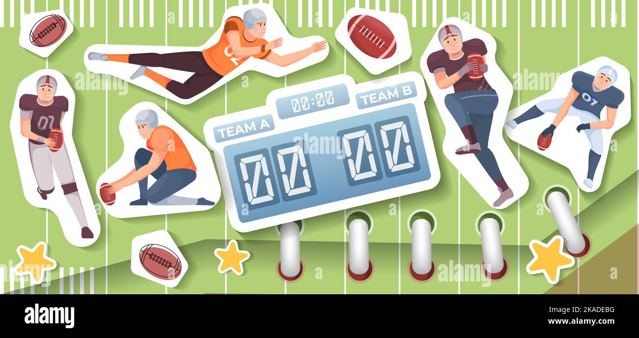 Flat collage with american football players and balls on green paper ...