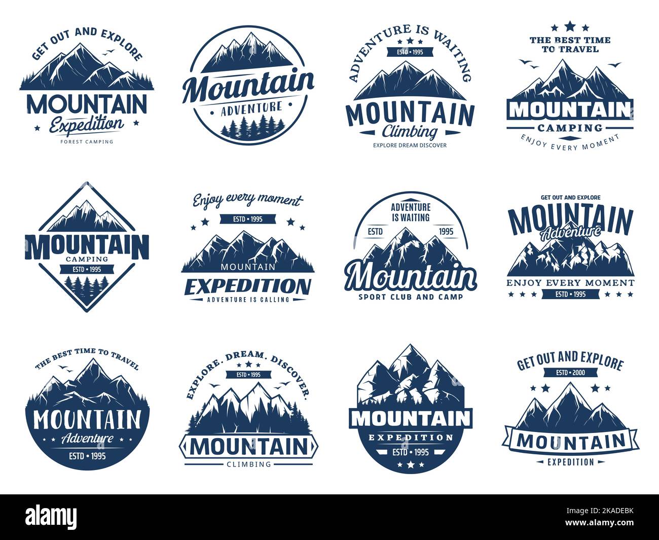 Mountain climbing, camping and expedition icons, alpine tourism and ...