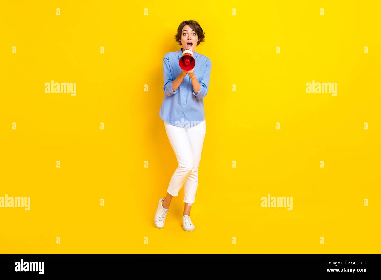 Full length photo of cute impressed lady wear blue shirt yelling ...