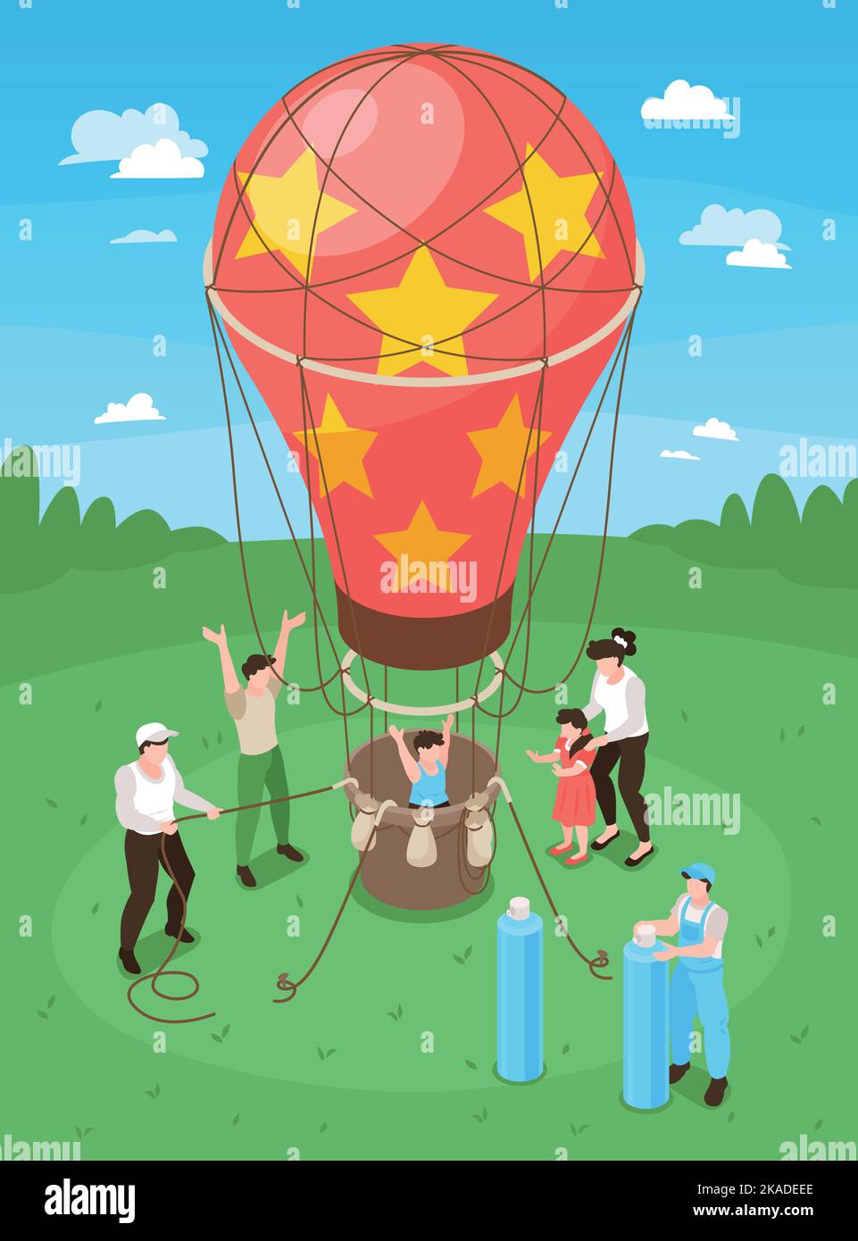 Isometric hot air balloon concept with people during travelling ...