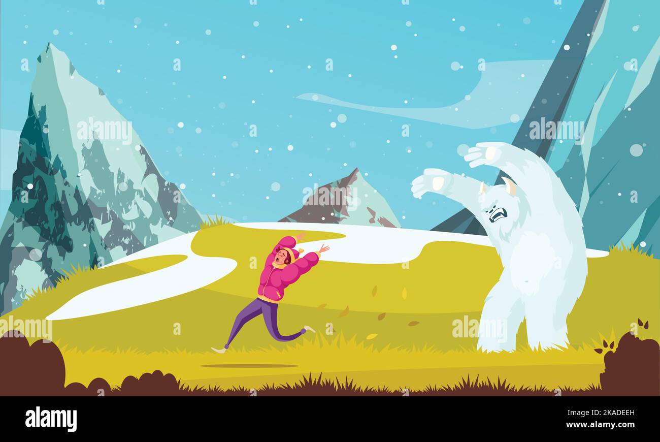 Yeti scaring girl running away in state of horror cartoon background ...