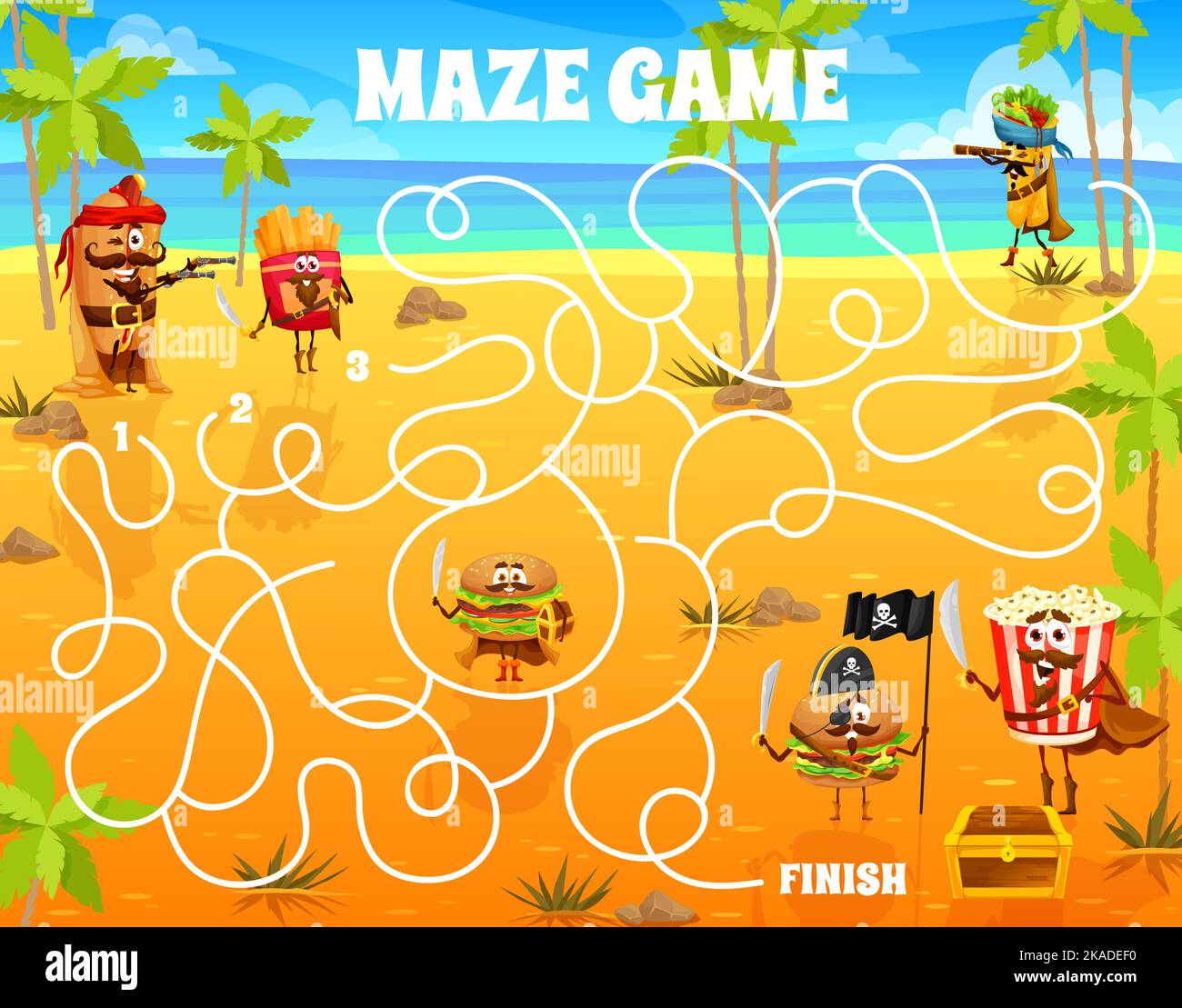 Labyrinth maze game cartoon pirates and captain fastfood characters on ...