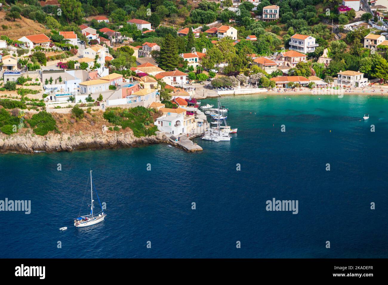 Close up top view at Asos village, Assos peninsula and fantastic blue ...