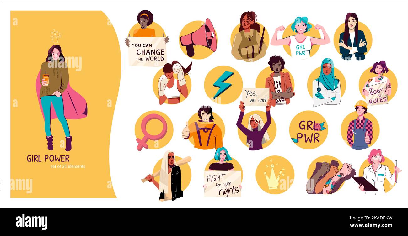 Girl power flat composition with active young women characters and ...