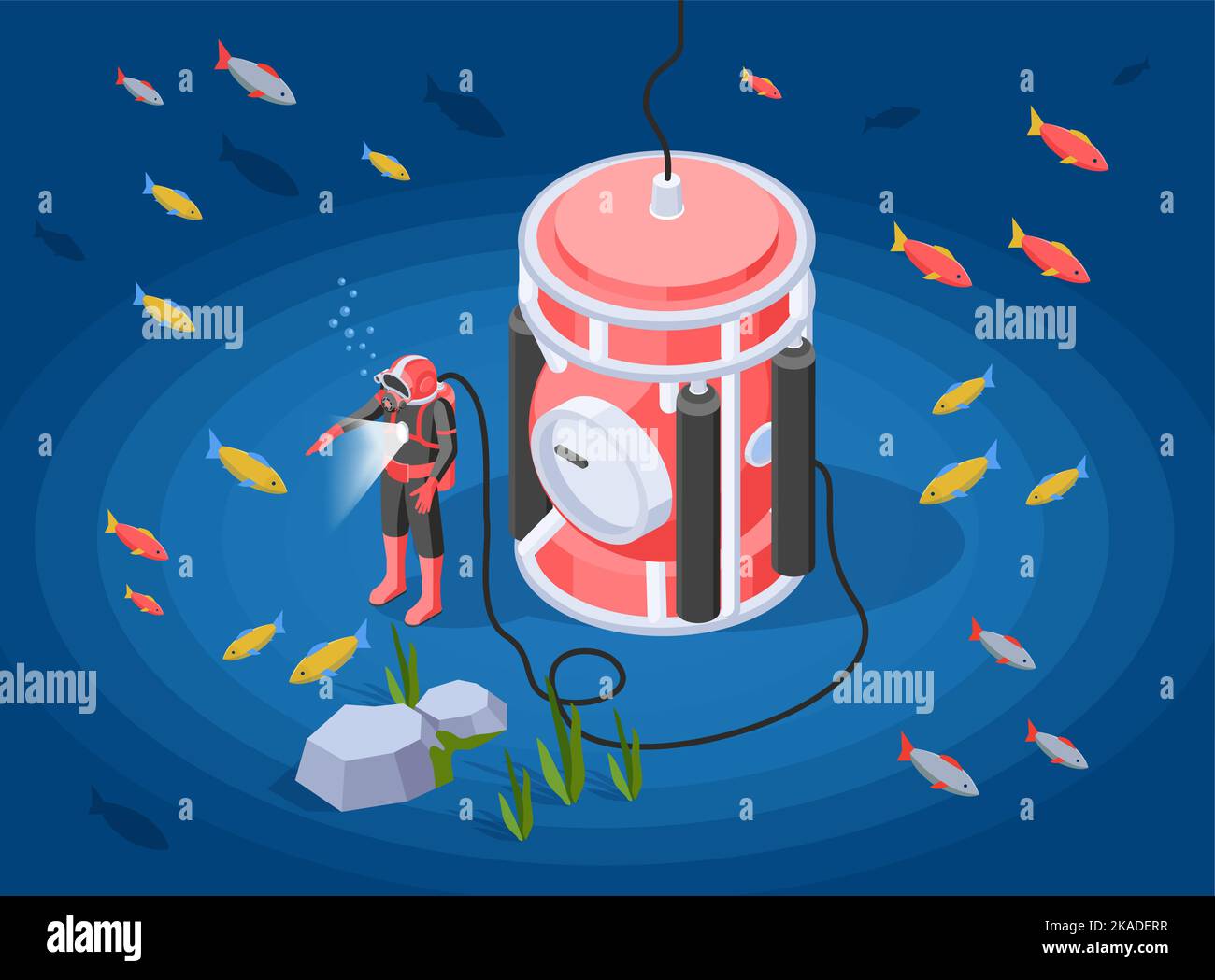 Underwater explore isometric composition with man in diving suit ...
