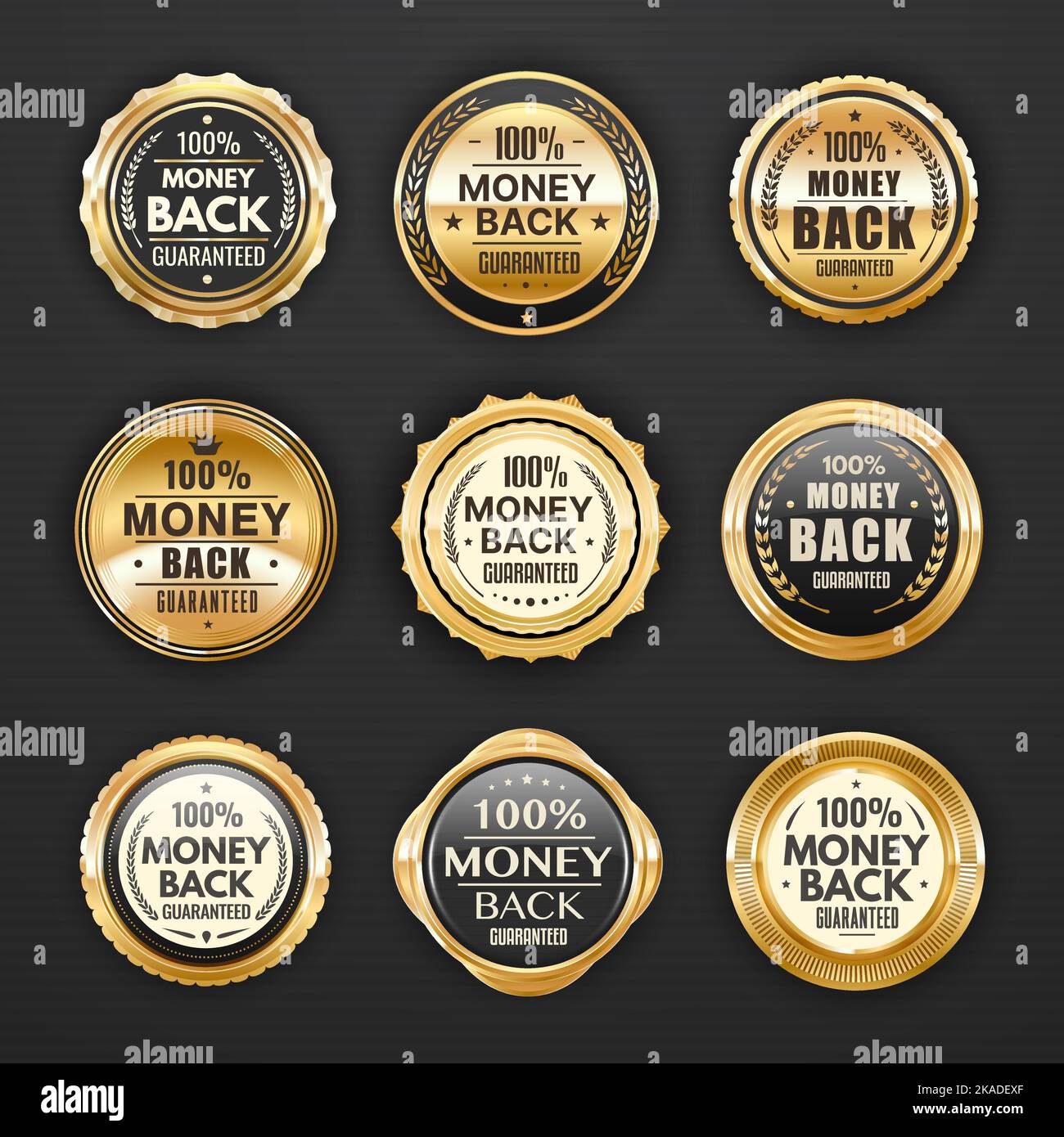 Money back golden badges, labels and guarantee seals, vector gold ...