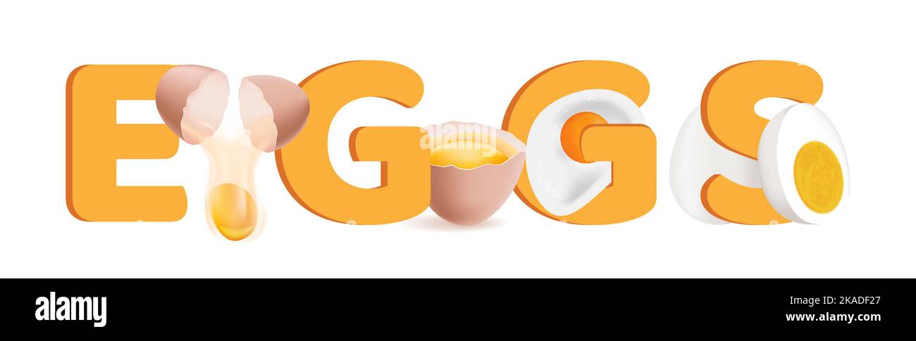 Eggs cook realistic text composition orange big letters boiled and raw ...