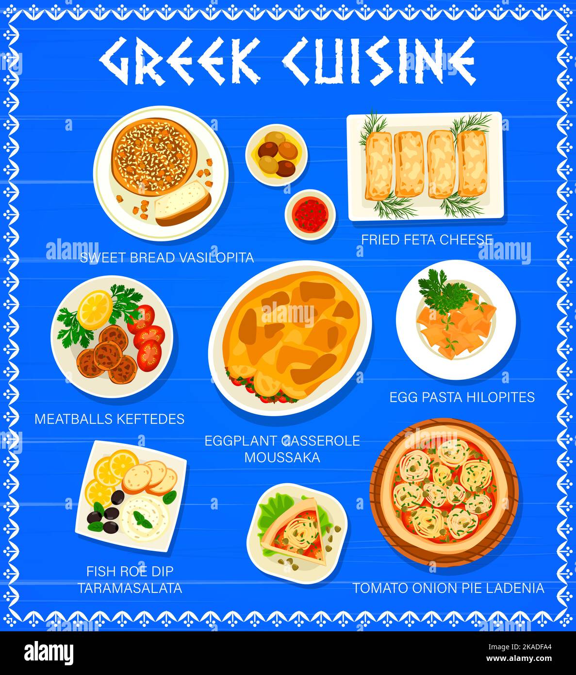 Greek cuisine restaurant menu page. Fried feta cheese, tomato onion pie ...