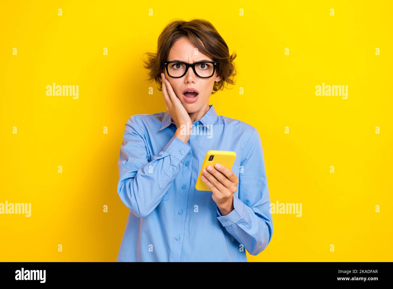 Closeup photo of young impressed young student college information hold ...