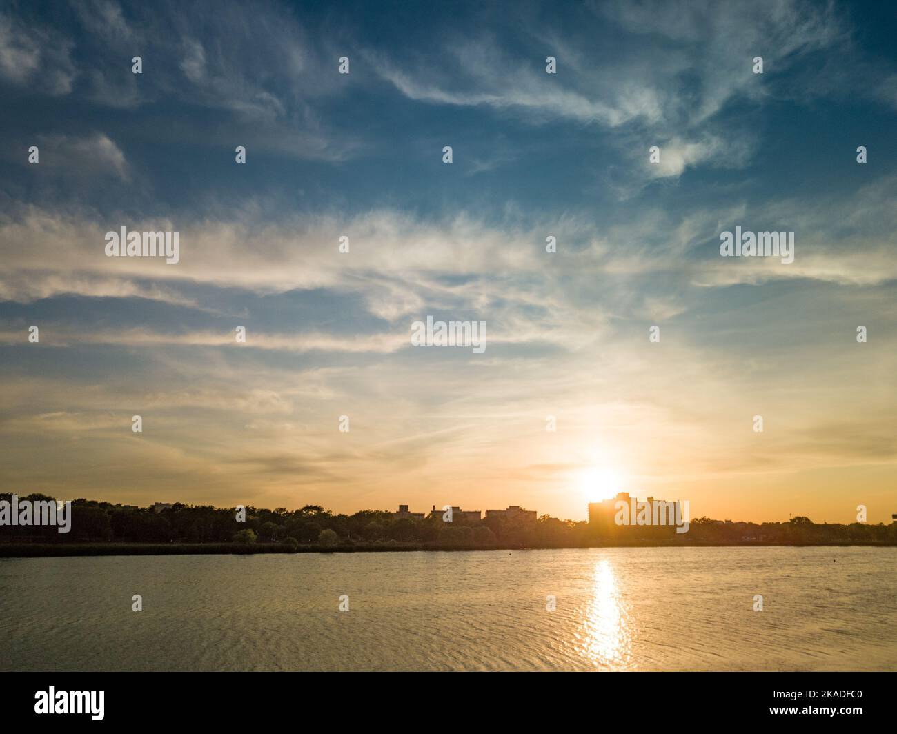 A bird's eye view of beautiful sunset on Owasco Lake in Auburn, New ...