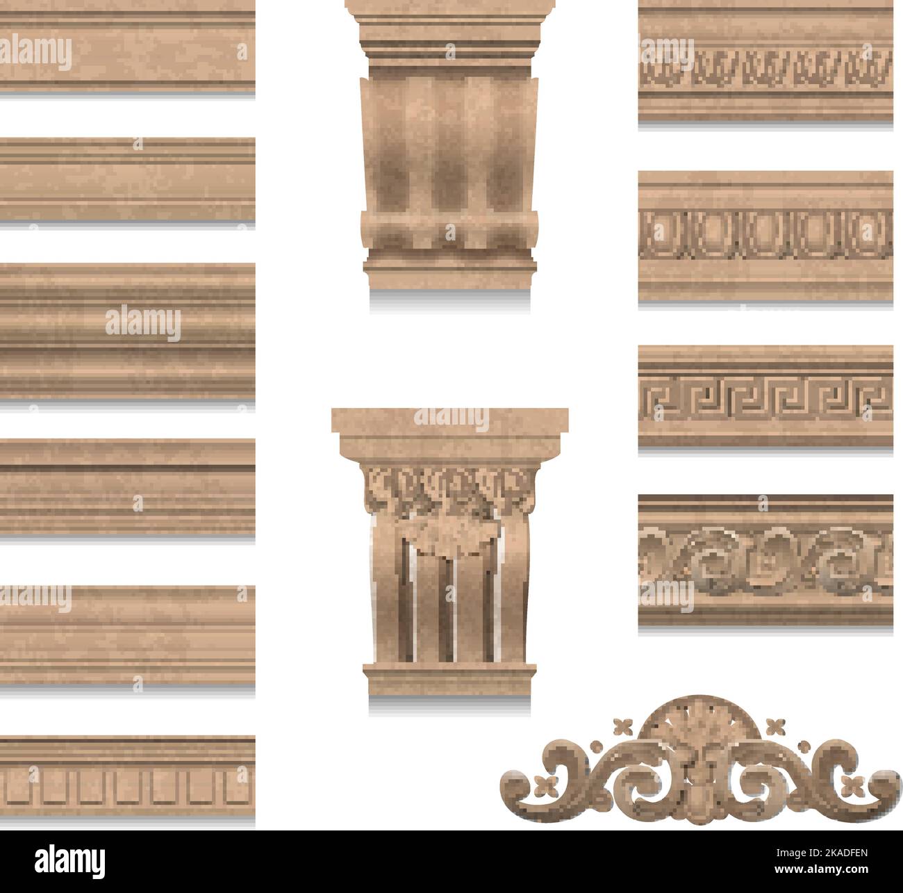 Wooden realistic elements of wall decoration in classic stile so as cornice skirting pillar ...