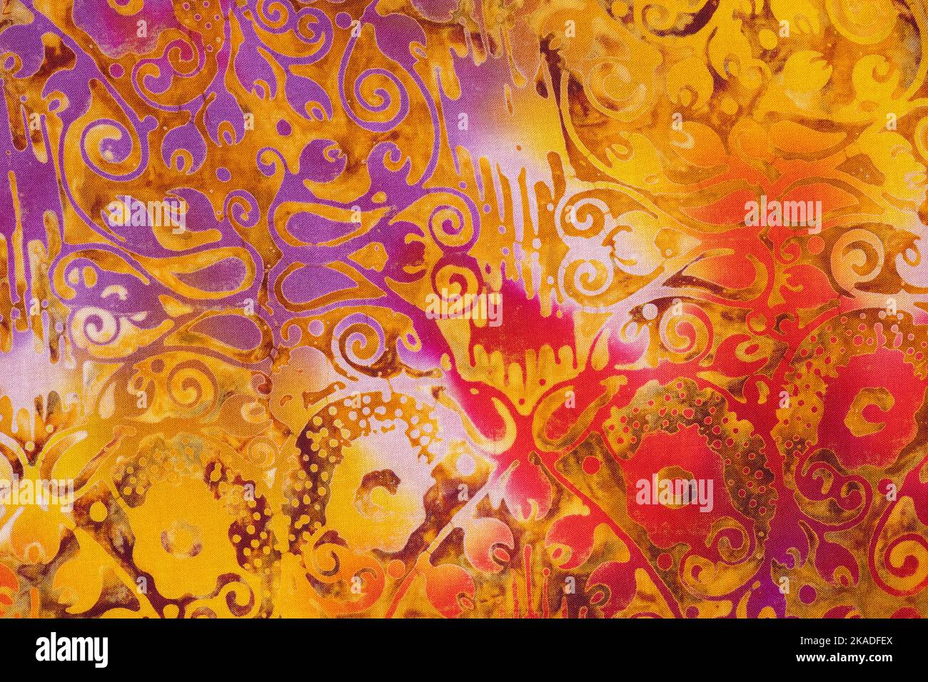 Overlay texture of golden red violet fabric. Textile with eastern ...