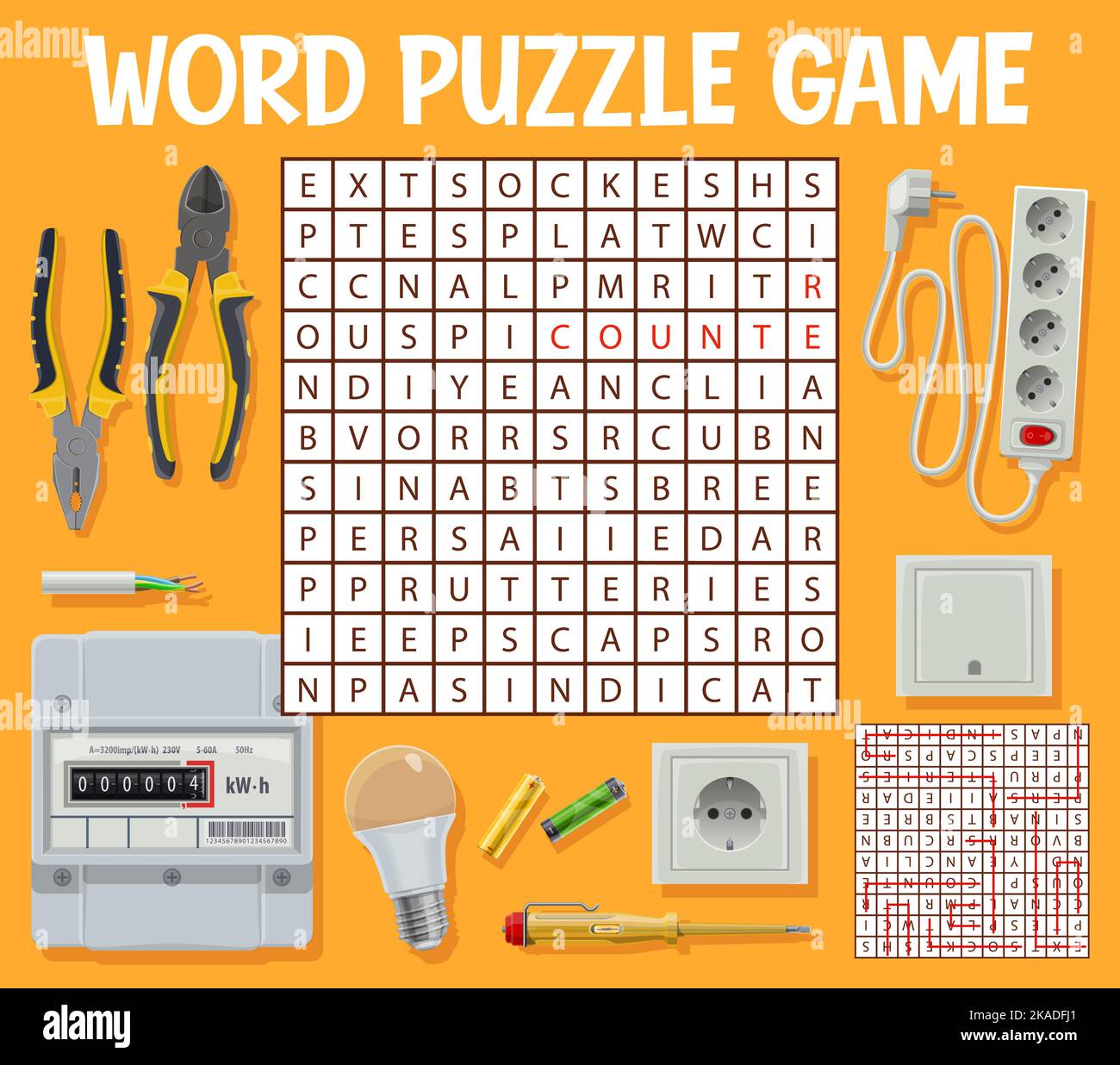 Electrician tools and equipment, word search puzzle game, vector ...