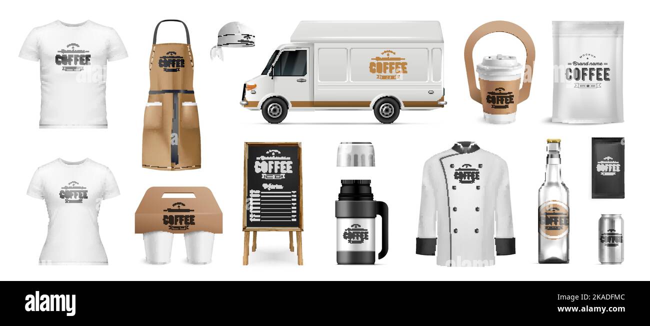 Corporate identity mockup for coffee shop realistic set with cups van ...
