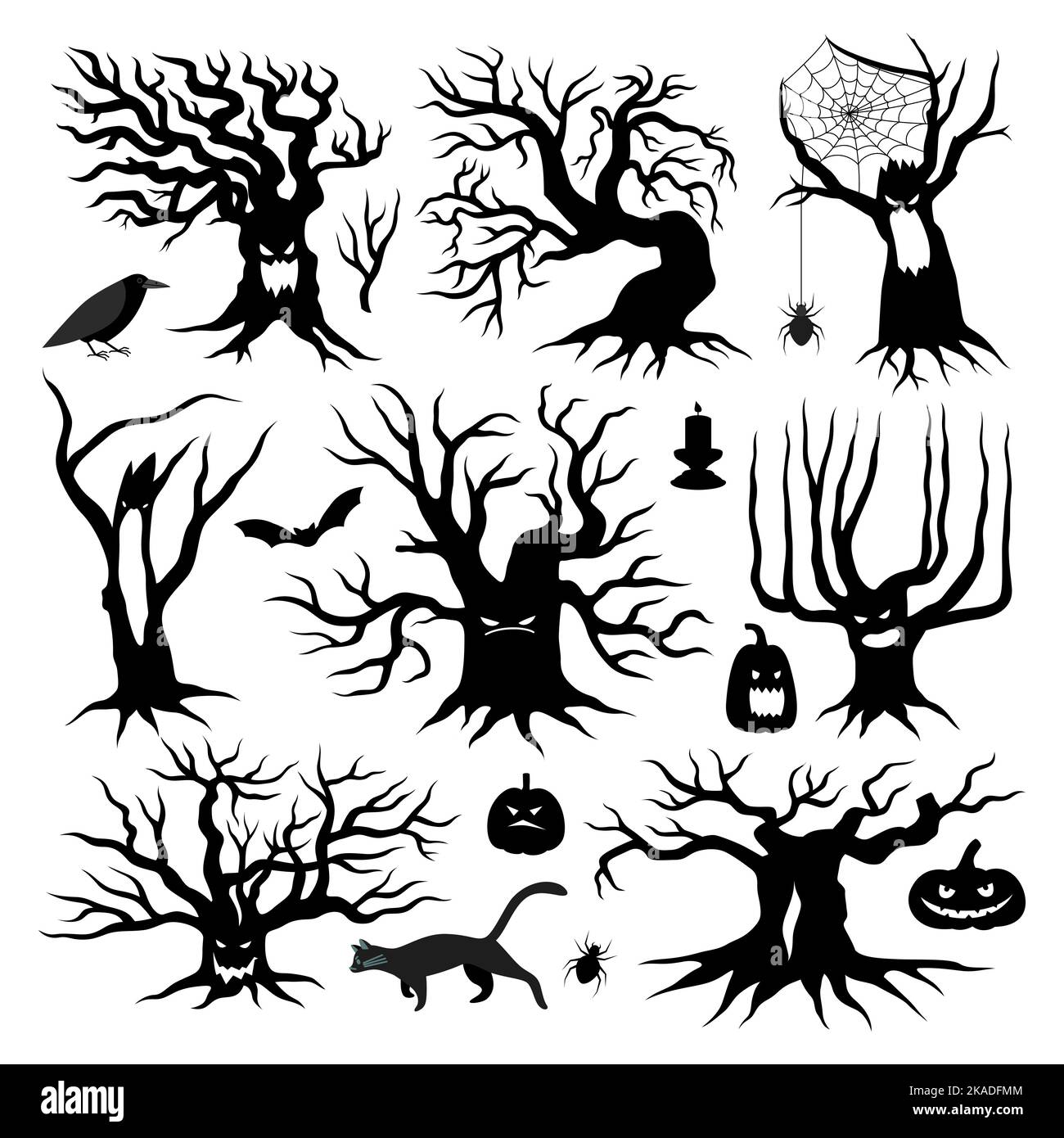 Black silhouettes of spooky halloween dead trees with jack o lantern ...