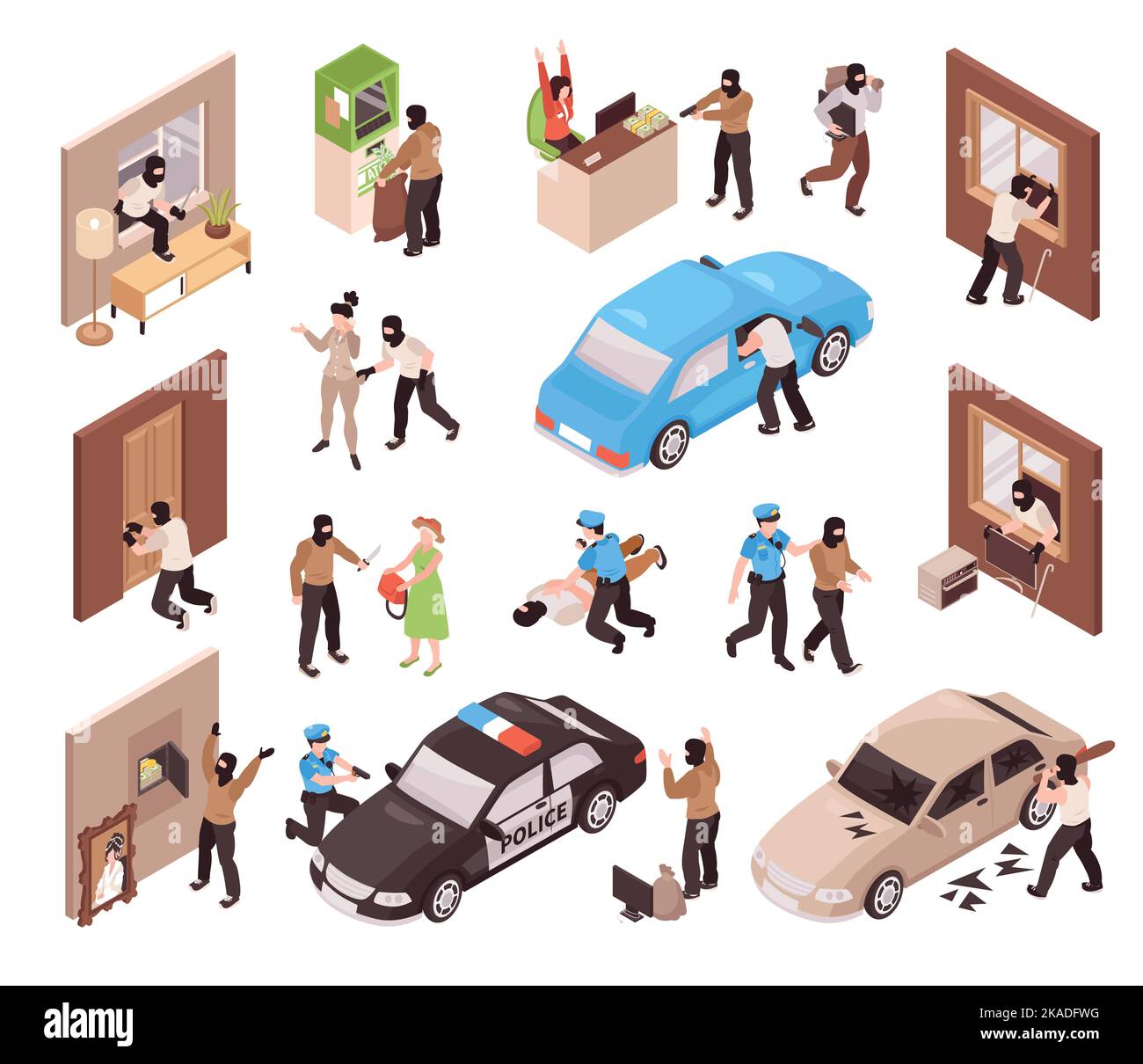 Isometric icons set with criminal police burglar and robbery scenes ...