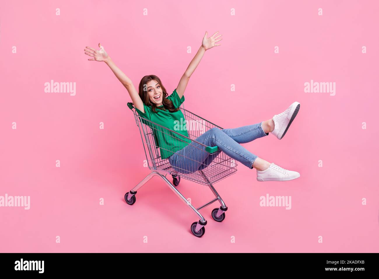 Full length photo of overjoyed cute lady wear stylish clothes sit ...