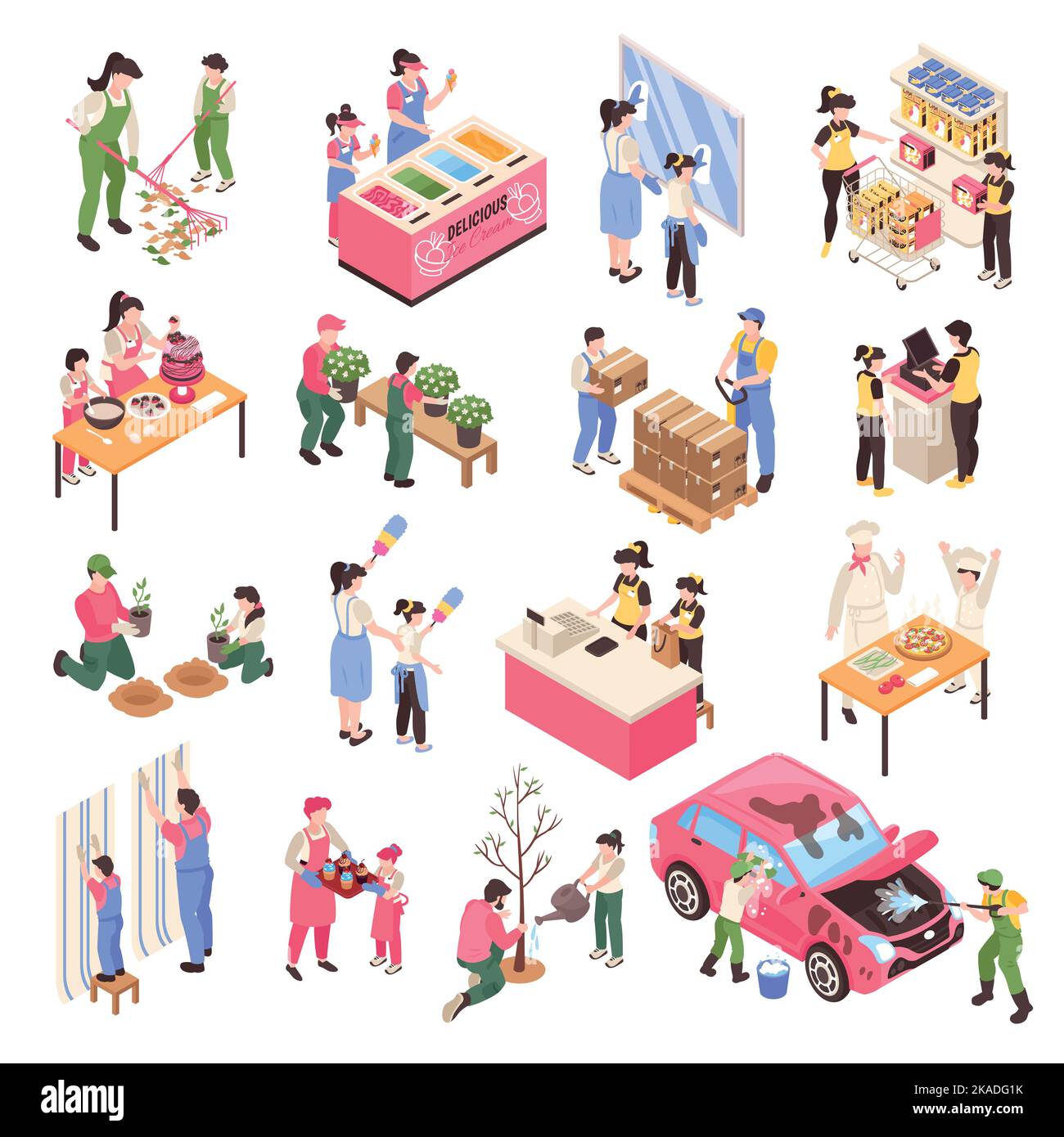 Isometric teenagers icons set with young people working in local stores ...
