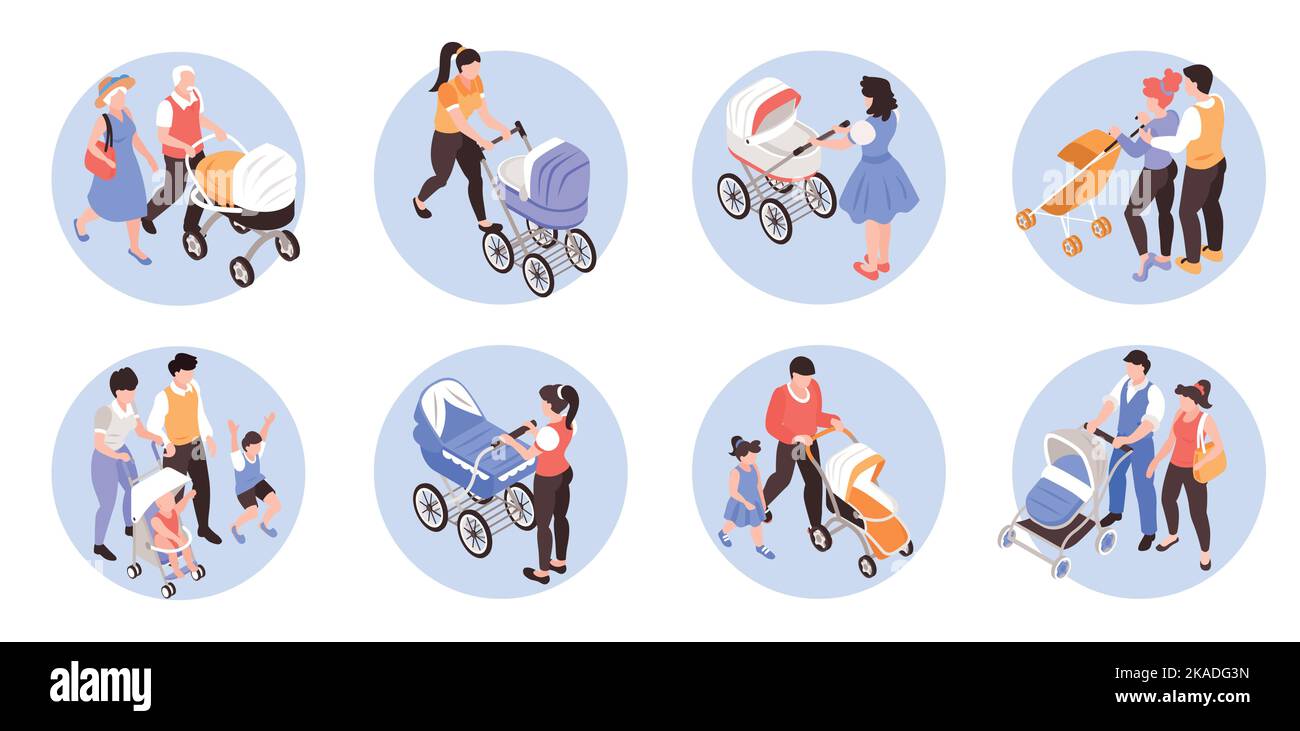 Isometric concept icons set with parents carrying baby carriage ...