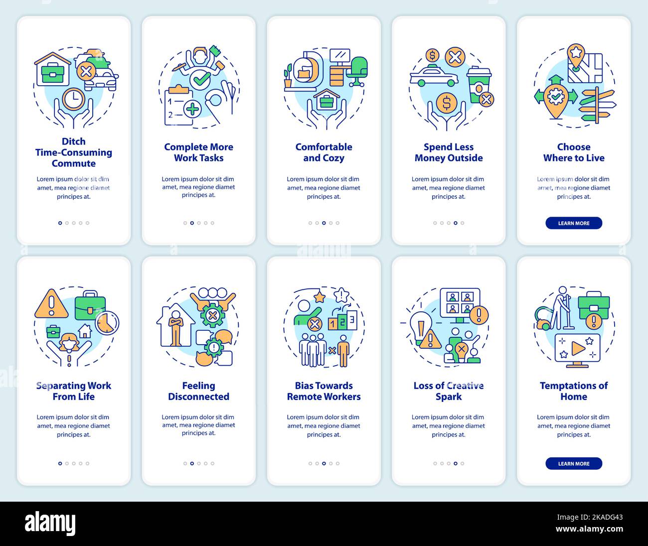 Drawbacks and pros of remote working onboarding mobile app screen Stock ...