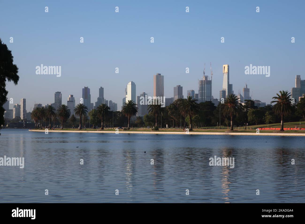 A scenic view of a calm coast and city skyline under a clear sky Stock ...