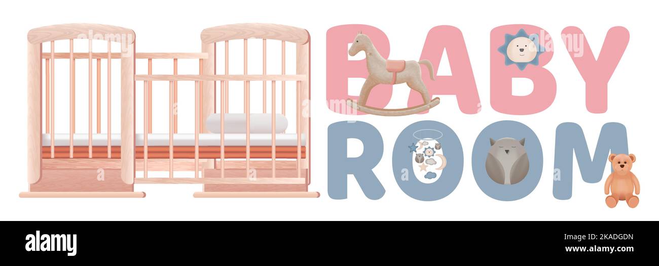 Baby room text with realistic crib and cute toys on white background ...