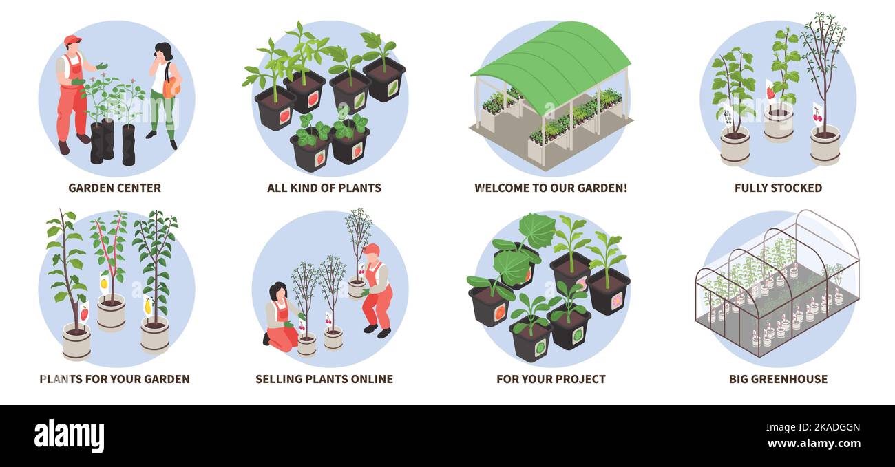 Isometric nursery garden icons set with gardeners and plants in ...