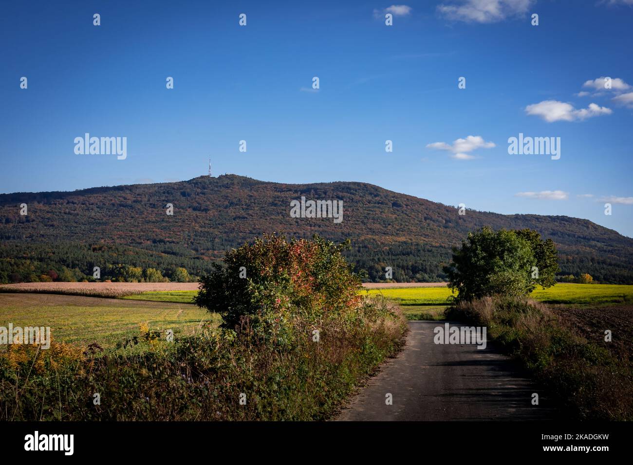 View to Sleza mountain in Poland. A path in the countryside, surrounded ...