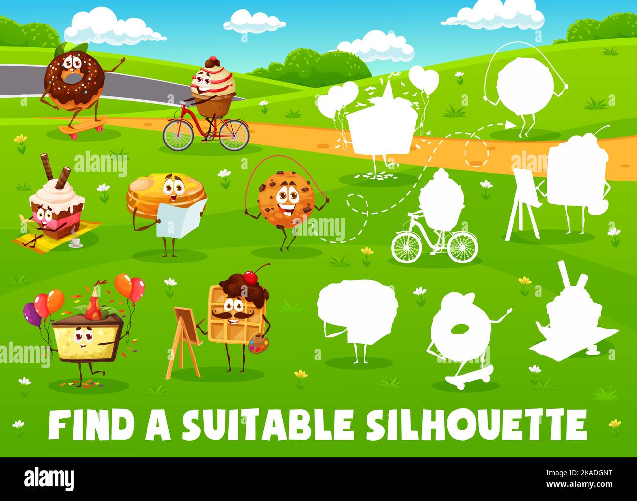 Find a suitable silhouette of cartoon desserts, sweets, cookie and cake ...