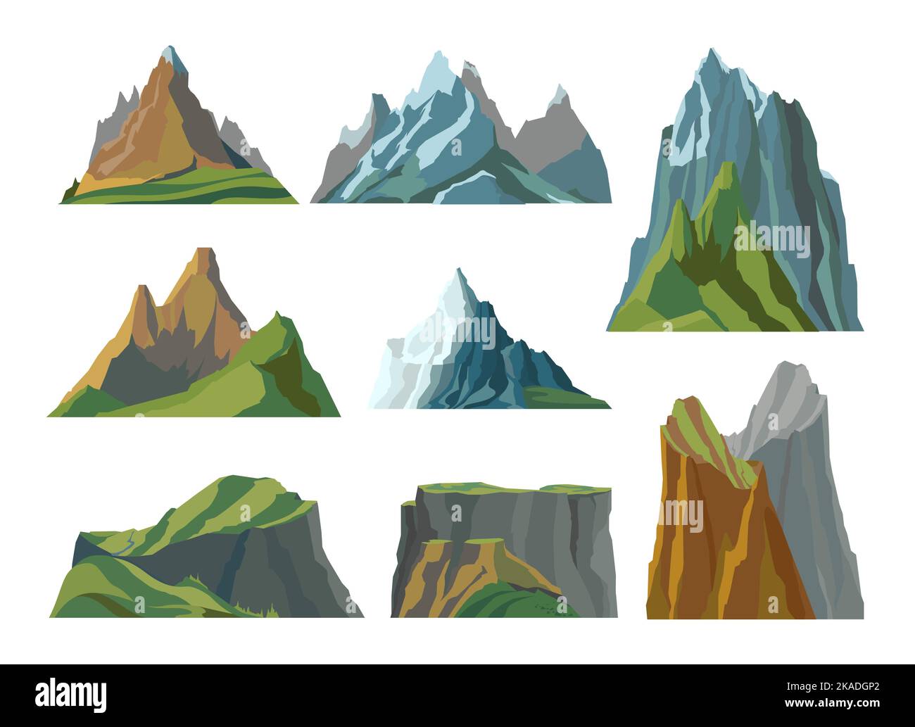 Mountains flat set with rocks of different shape and height isolated on ...
