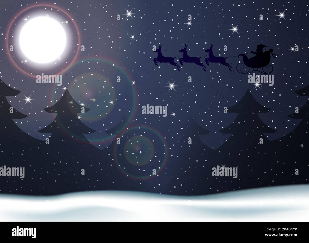 Christmas forest.Background with bright moon Santa and deer flies ...