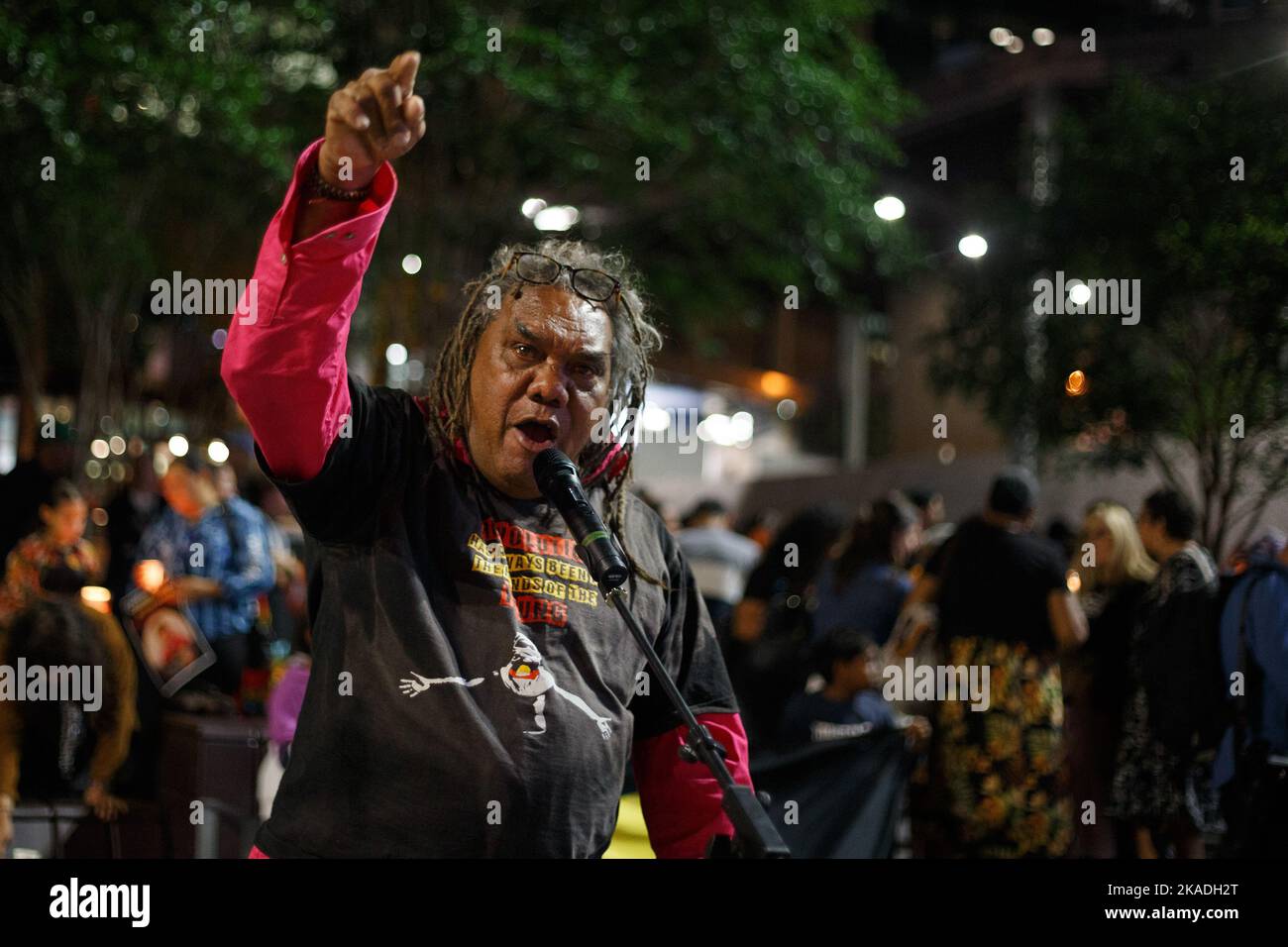 Aboriginal activist Wayne Wharton speaks with the crowd during a ...