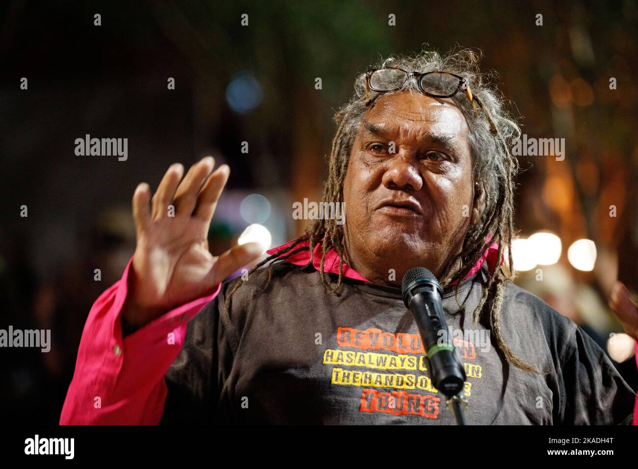 Aboriginal activist Wayne Wharton speaks with the crowd during a ...