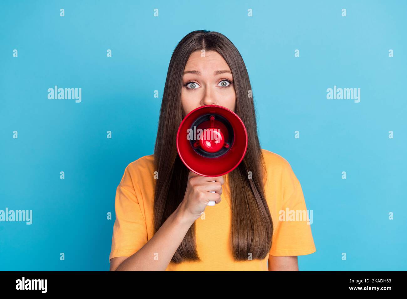 Photo of afraid scared pretty lady wear yellow clothes hand arm hold ...