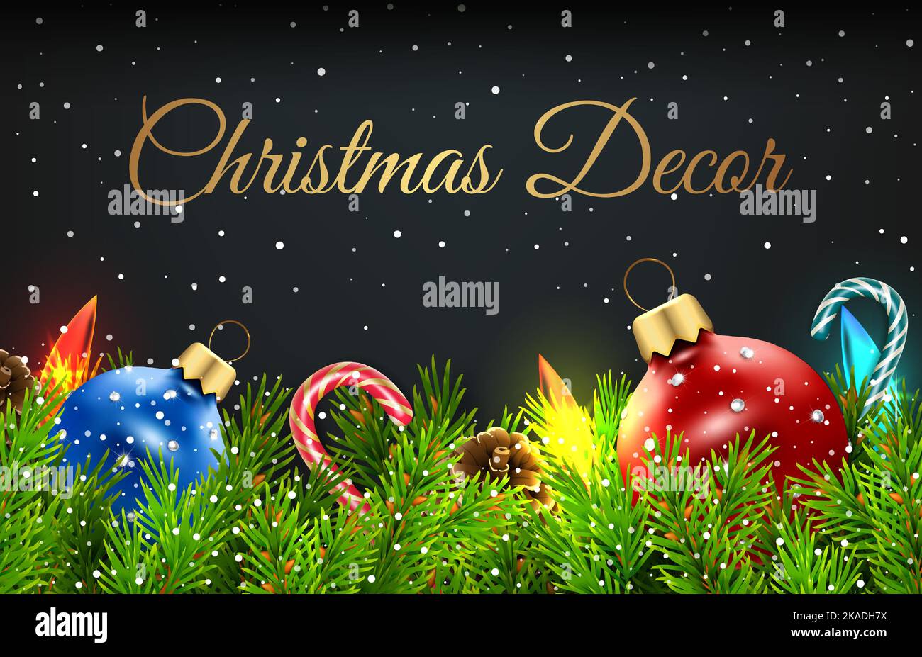 Christmas decorative border made of fir branches with toys, garlands ...