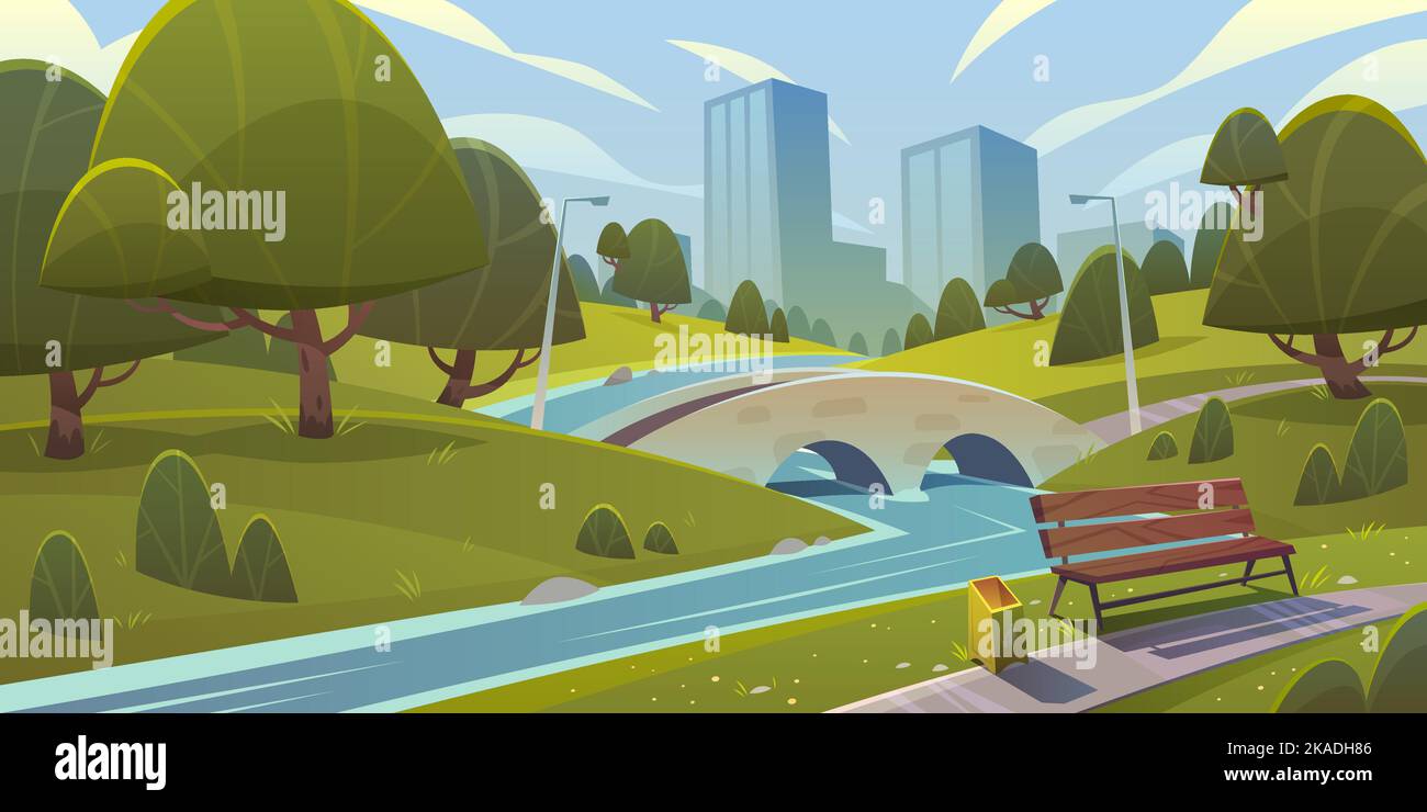 Cartoon landscape of city park with river bridge empty bench and ...