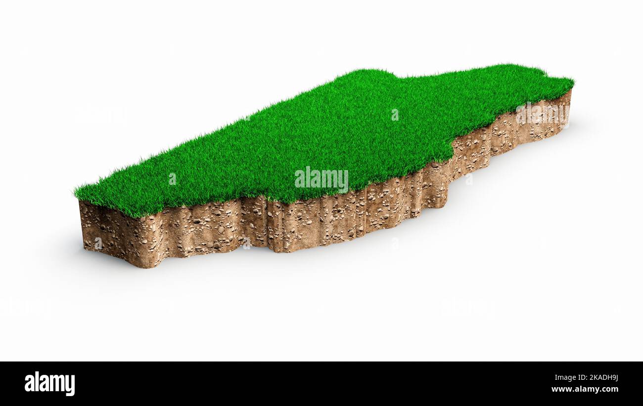 A 3D illustration of the Belize map with green grass and rocky ground ...