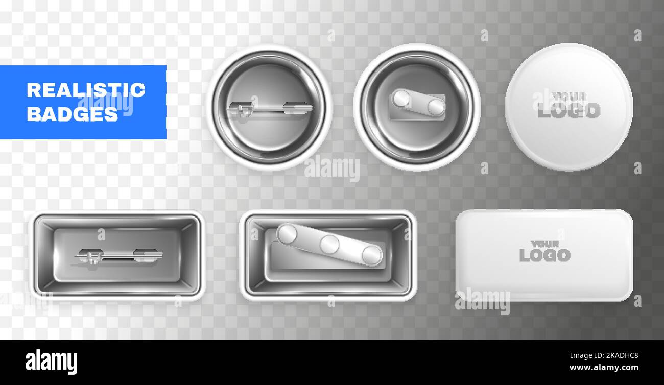 Set of blank rectangular and round metal logo badges back and front ...