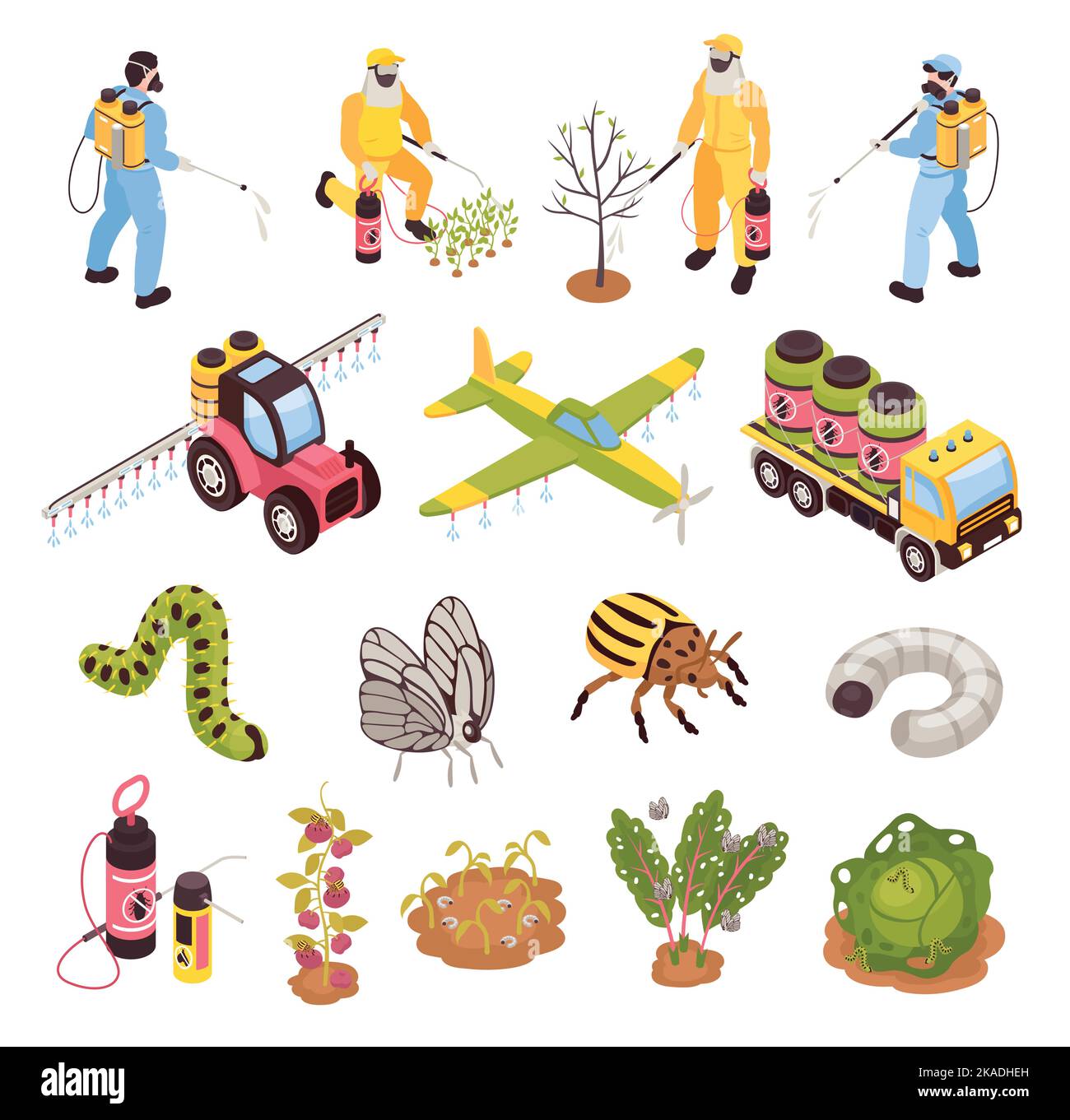 Isometric farming and argiculture pest control icons set isolated ...