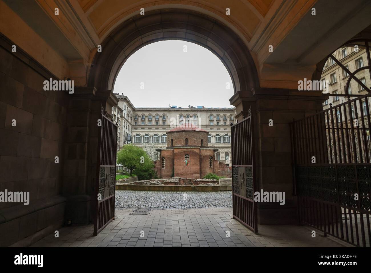 View through a gate on the historic Roman church of St. George (The Rotunda of St. George) in ...
