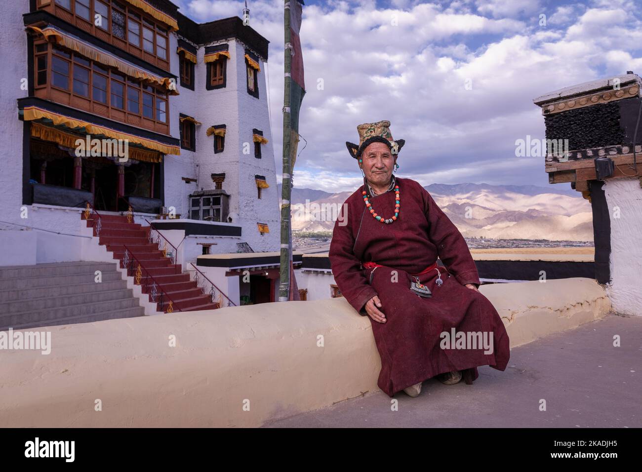 Elderly man in traditional Ladakhi clothes, Spituk Monastery (Gompa ...